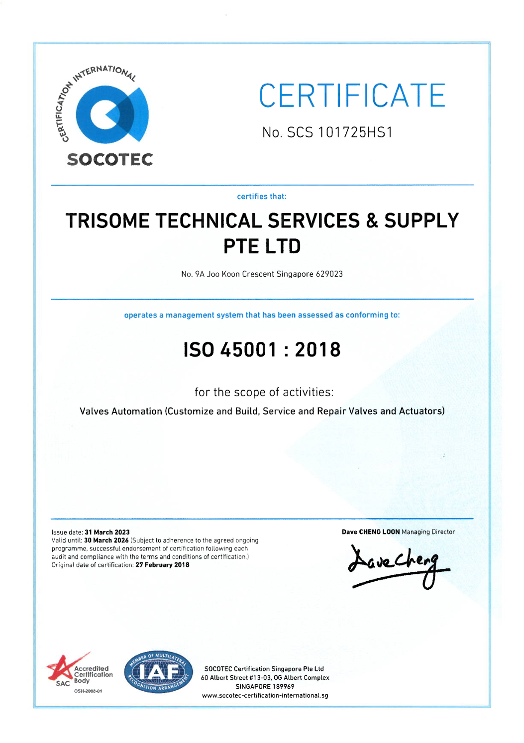 ISO45001 - Trisome Valves & Actuators